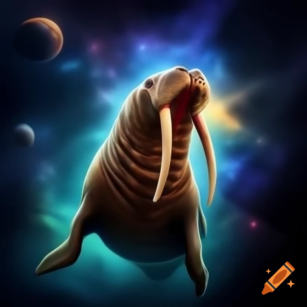 Colossal walrus floating in cosmos, crunching vibrant planet on Craiyon
