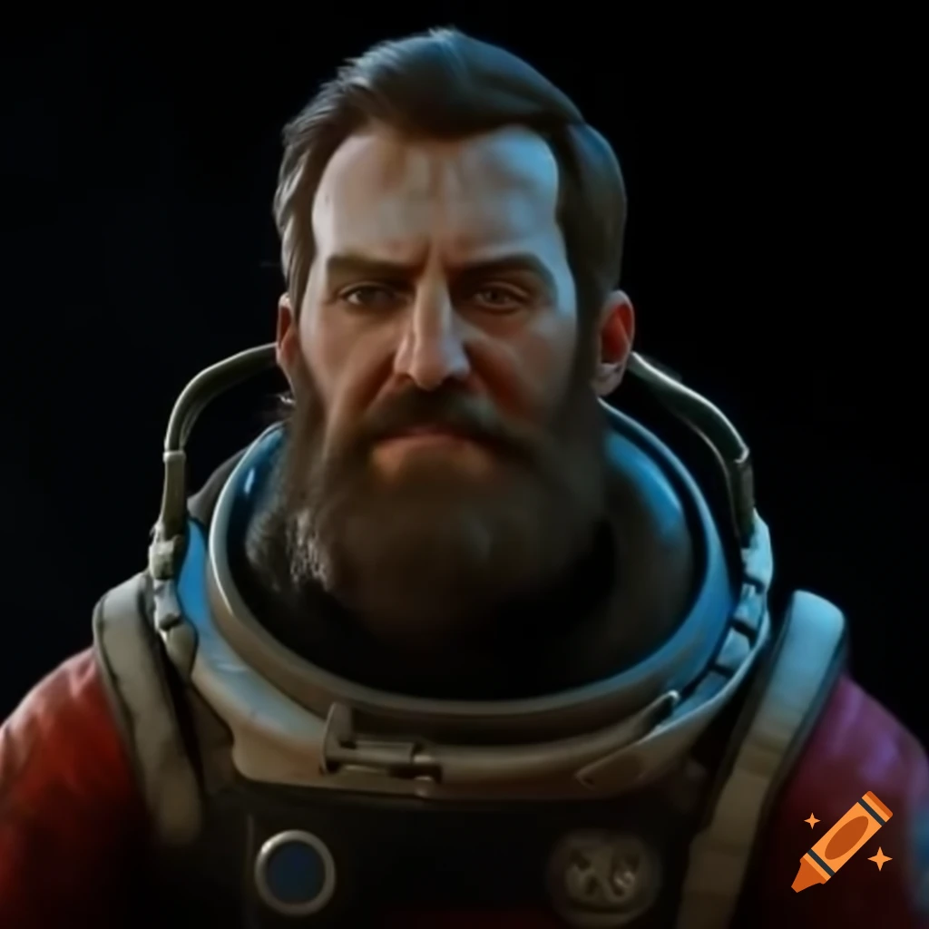 Weathered space captain in worn spacesuit with nebulae reflection in ...