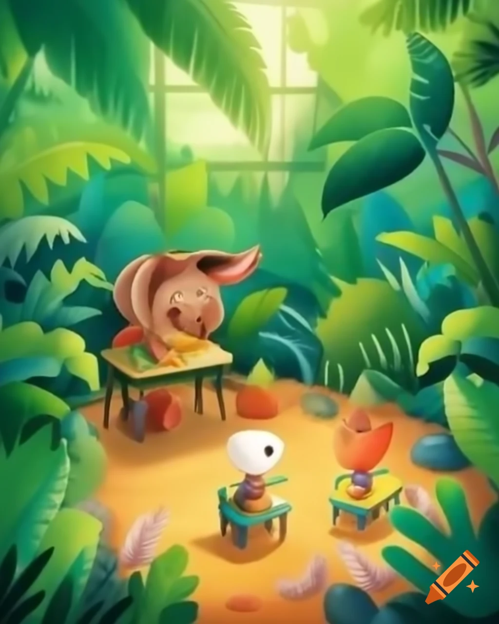 Jungle classroom with rabbit and lizard in math lesson on Craiyon