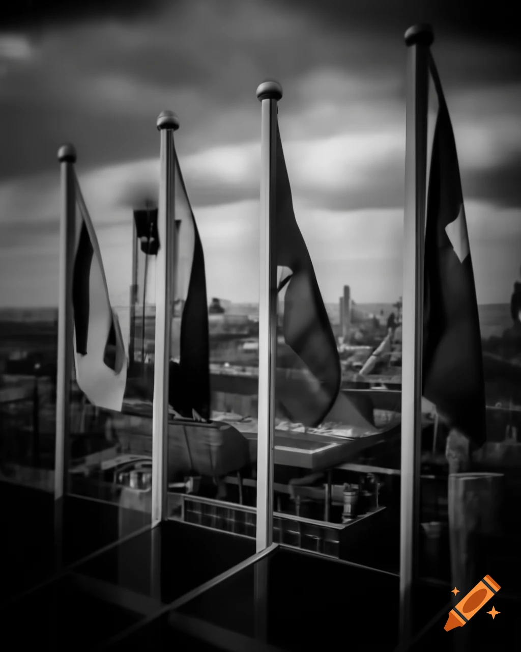 Greyscale London skyline with G20 flags, reflecting dystopian novel ...