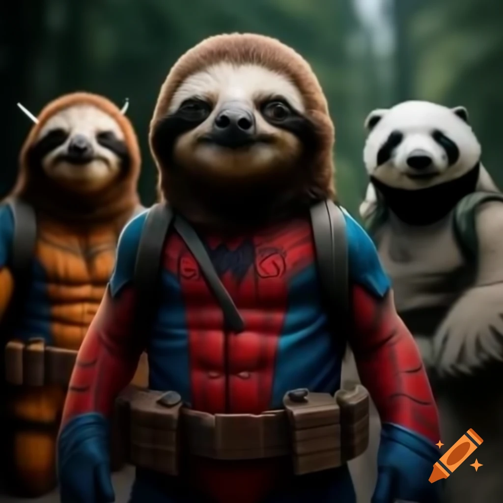 Sloth in Spiderman costume, seagull resembling Wolverine, and panda as ...