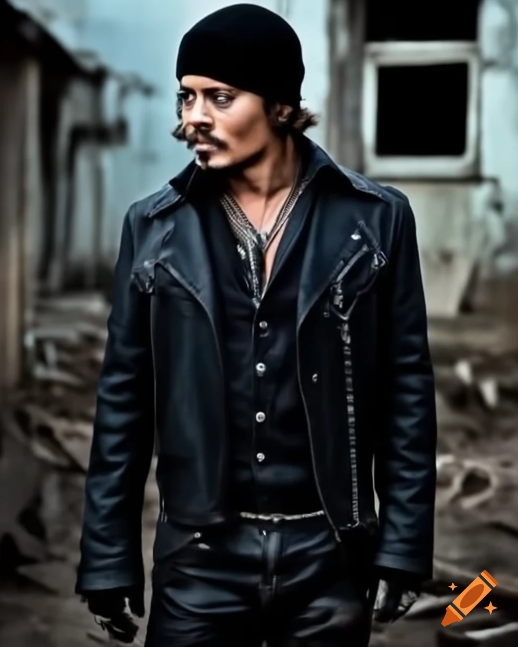 Punk-style portrait of actor johnny depp in leather jeans and beanie on ...