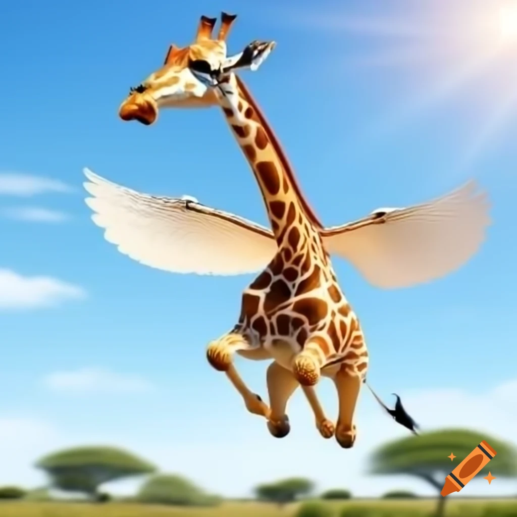 Imaginative depiction of a flying giraffe on Craiyon