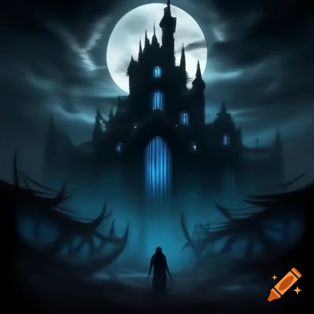 Evil gothic castle with blue and green windows silhouetted by skeletons ...