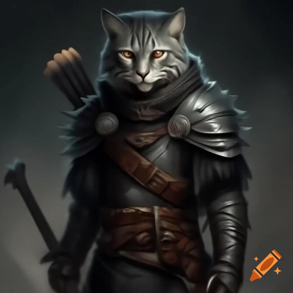 Mysterious feline rogue in leather armor with bow and quiver in dungeon ...