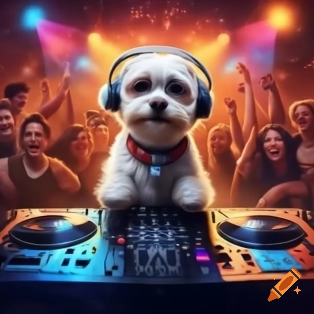 Maltese Bichon dog DJing at a colorful party with lights and dancing ...