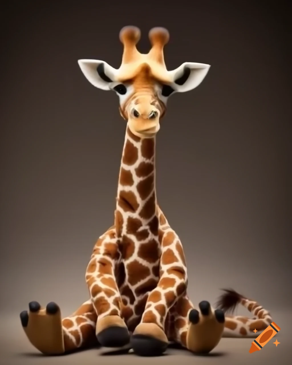 Life-size fluffy giraffe puppet with soft fur, sitting patiently on Craiyon
