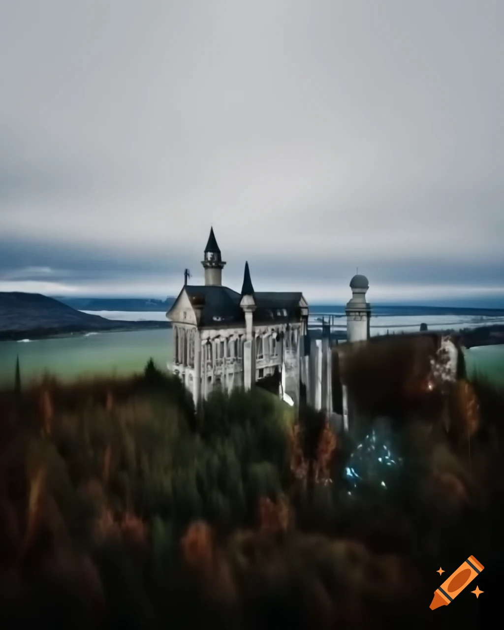 European castle with faint lights in dark landscape during midnight and ...