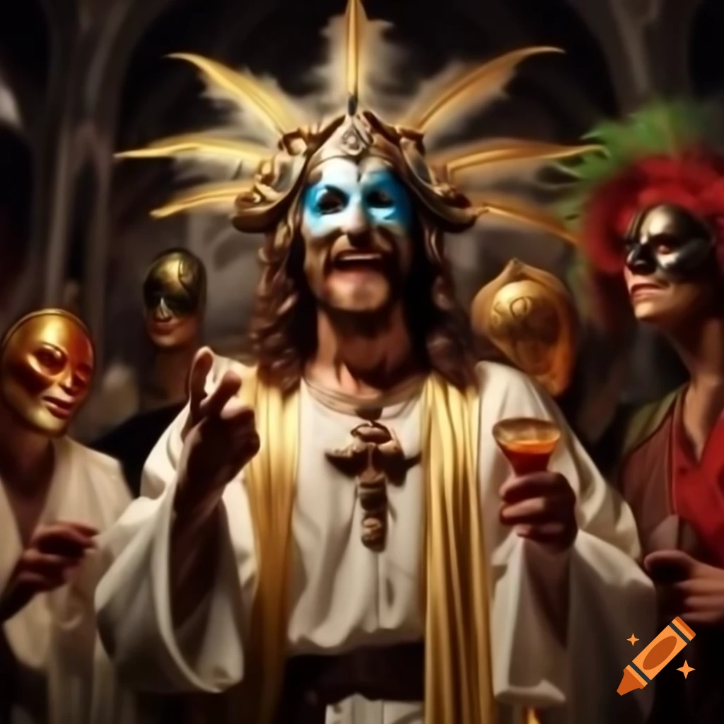 Portrait of Jesus Christ in Venetian carnival mask and white robes ...