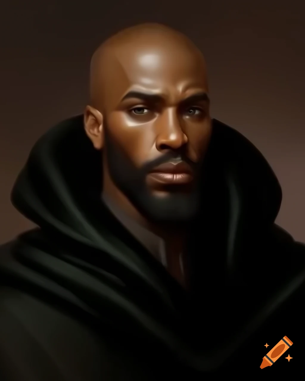 Striking portrait of a strong bald black man with green eyes and thick ...