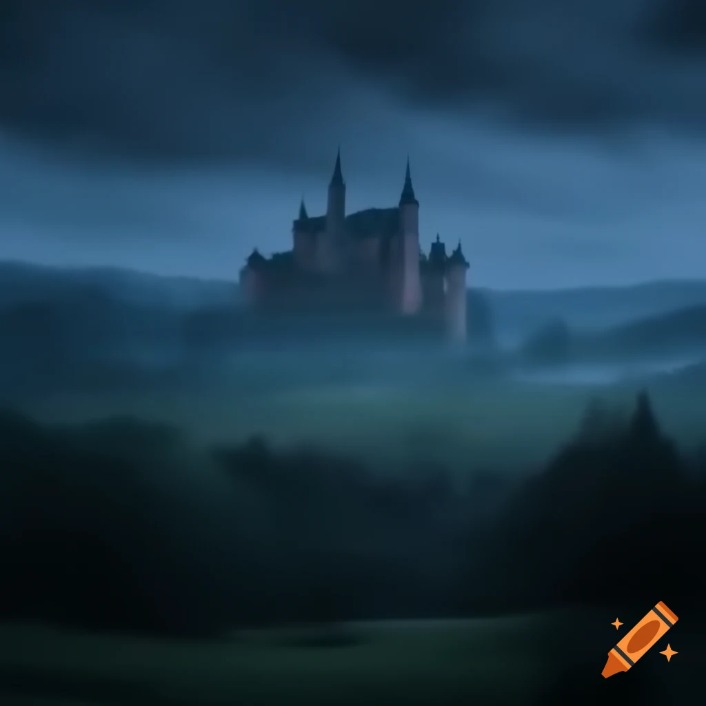 European castle with faint lights in dark landscape surrounded by vast ...