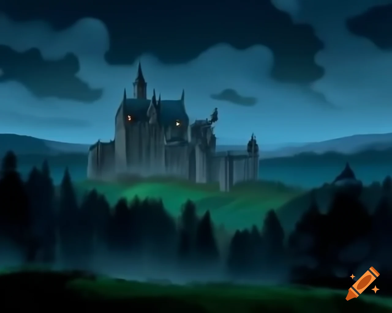 European castle with faint lights in dark landscape surrounded by ...