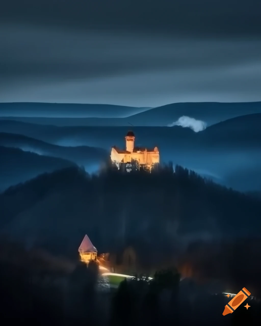European castle in dark landscape with faint lights and vast forest at ...