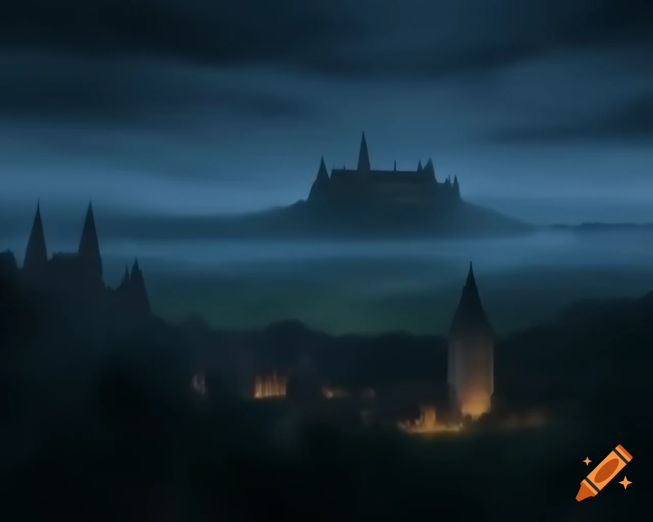 European castle with faint lights in dark forest landscape at midnight ...