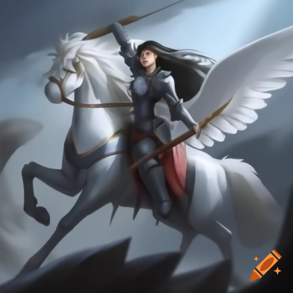 Female paladin with javelin riding white pegasus into battle, fantasy ...