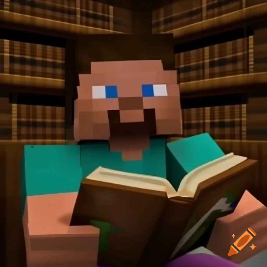 Minecraft character steve sitting in library reading a book on Craiyon