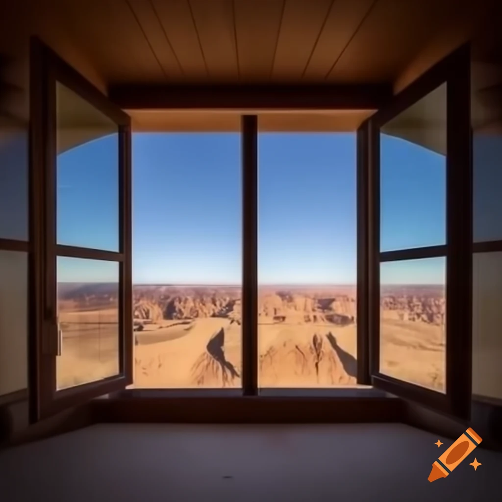 Room with window providing view of desert landscape on Craiyon