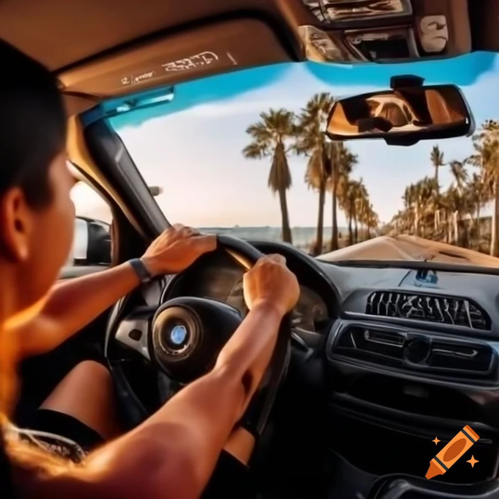 Sun-kissed hand gripping BMW convertible wheel with ocean breeze and ...