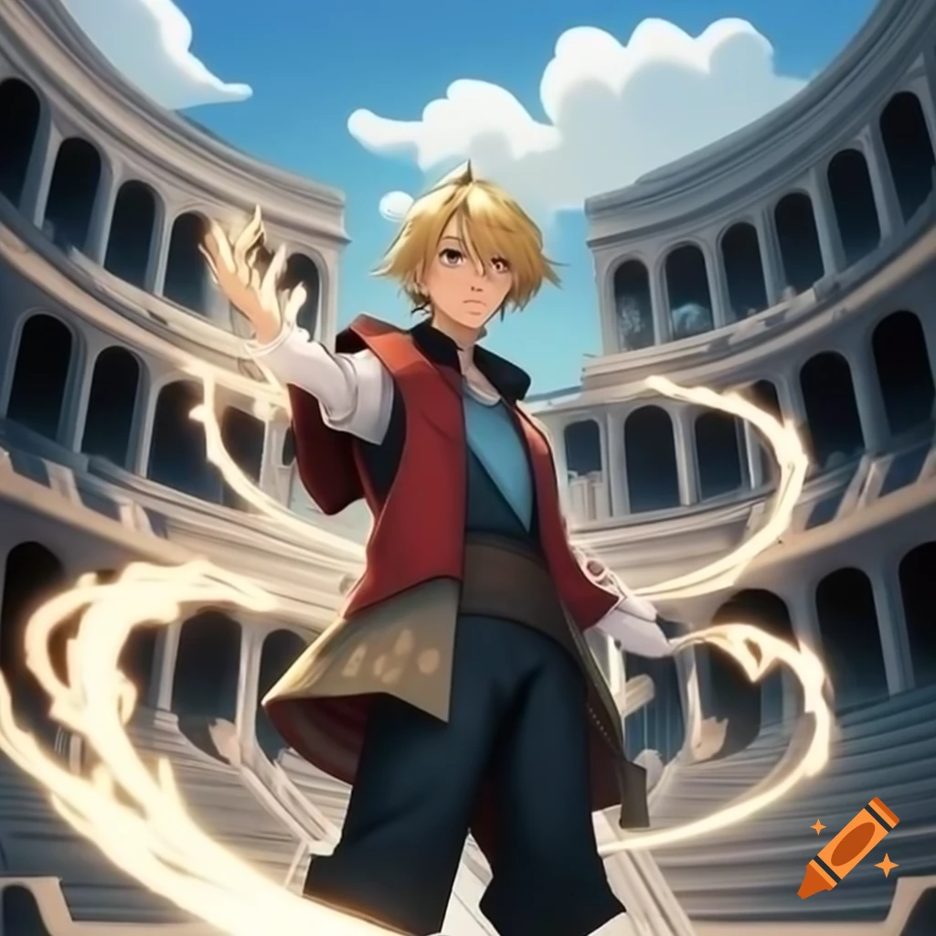 Attractive male sorcerer casting magic in greek amphitheatre, fantasy ...