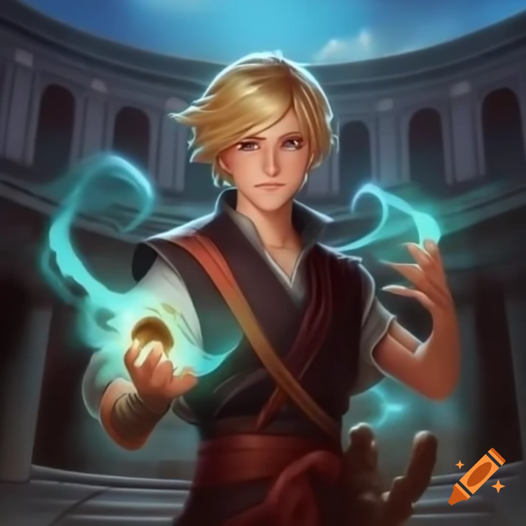 Attractive male sorcerer casting magic in greek amphitheatre, fantasy ...