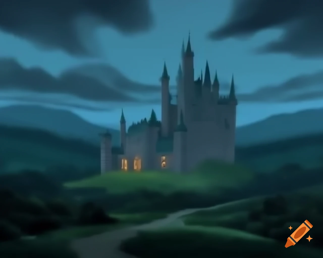 European castle in dark landscape with faint lights and vast forest at ...