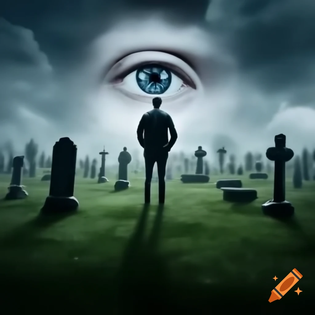 Melancholic man at grave in cemetery with watchful eyes in clouds on ...