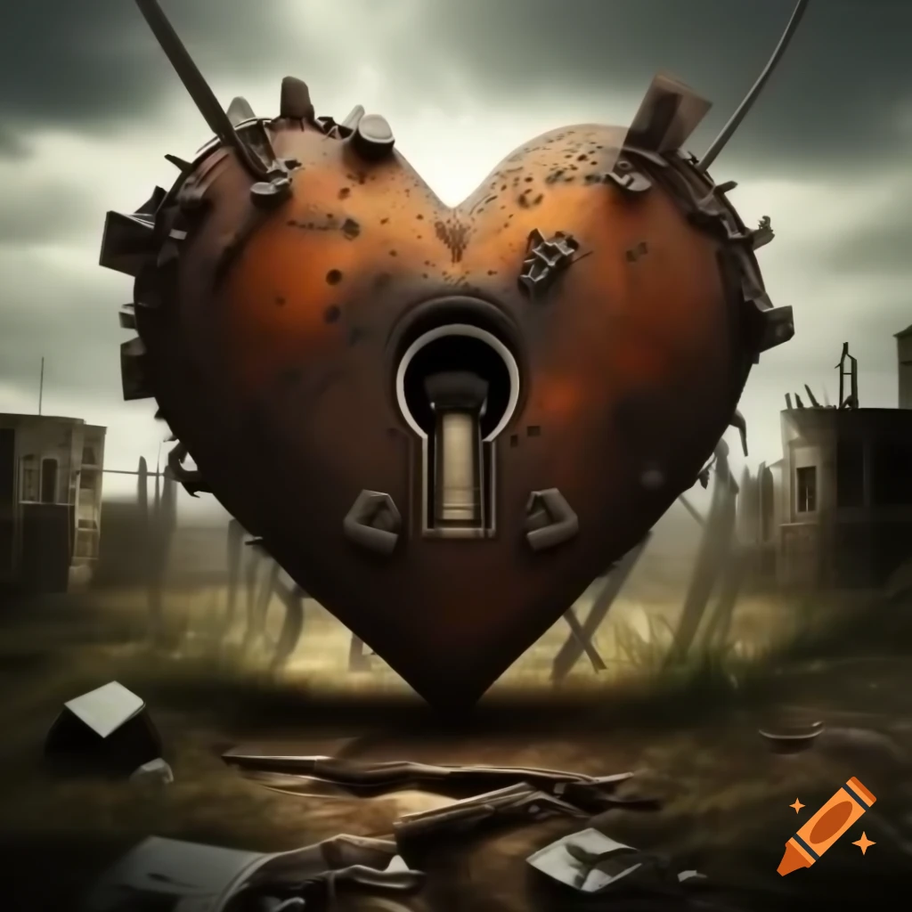 Rusted heart-shaped lock and key surrounded by vines in post ...