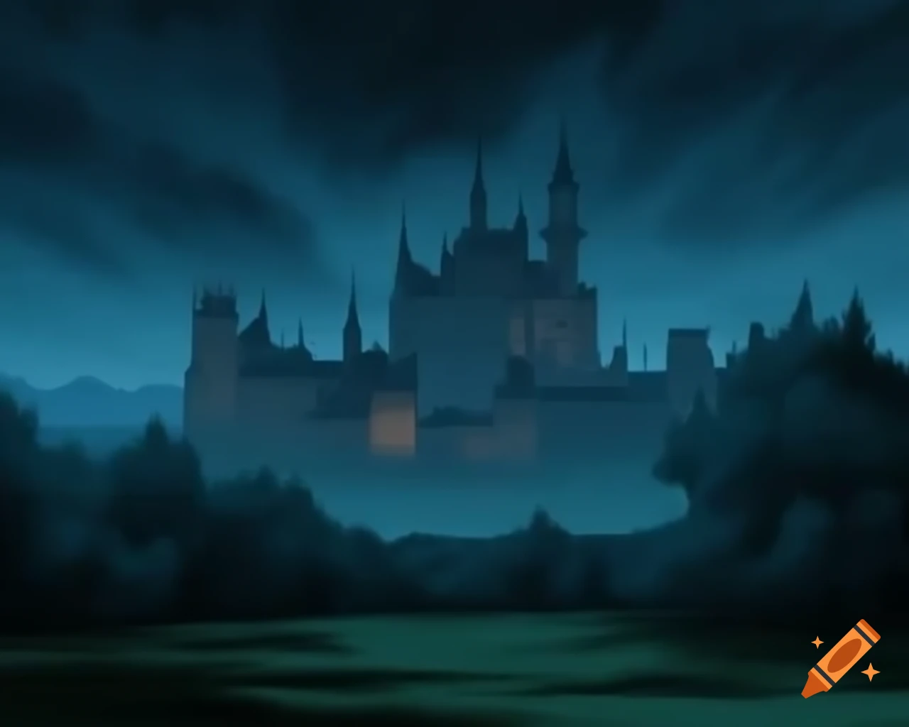European castle in dark landscape with faint lights and vast forest ...