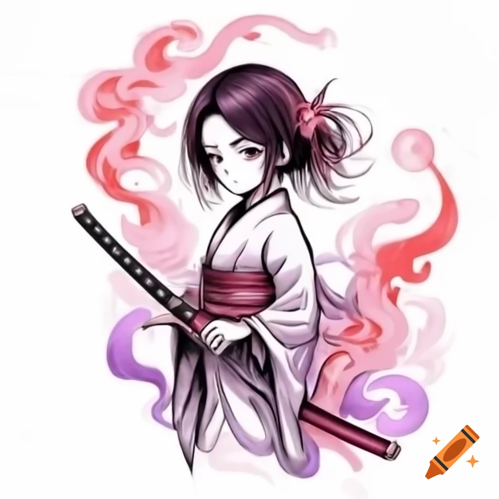 Manga-style samurai girl in white yukata with katana and crimson smoke ...
