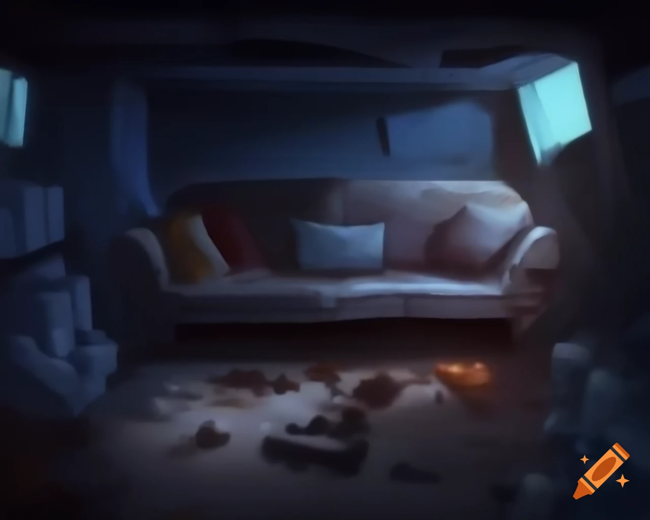 Cozy dimly lit basement with worn-out sofa and scattered cushions on ...