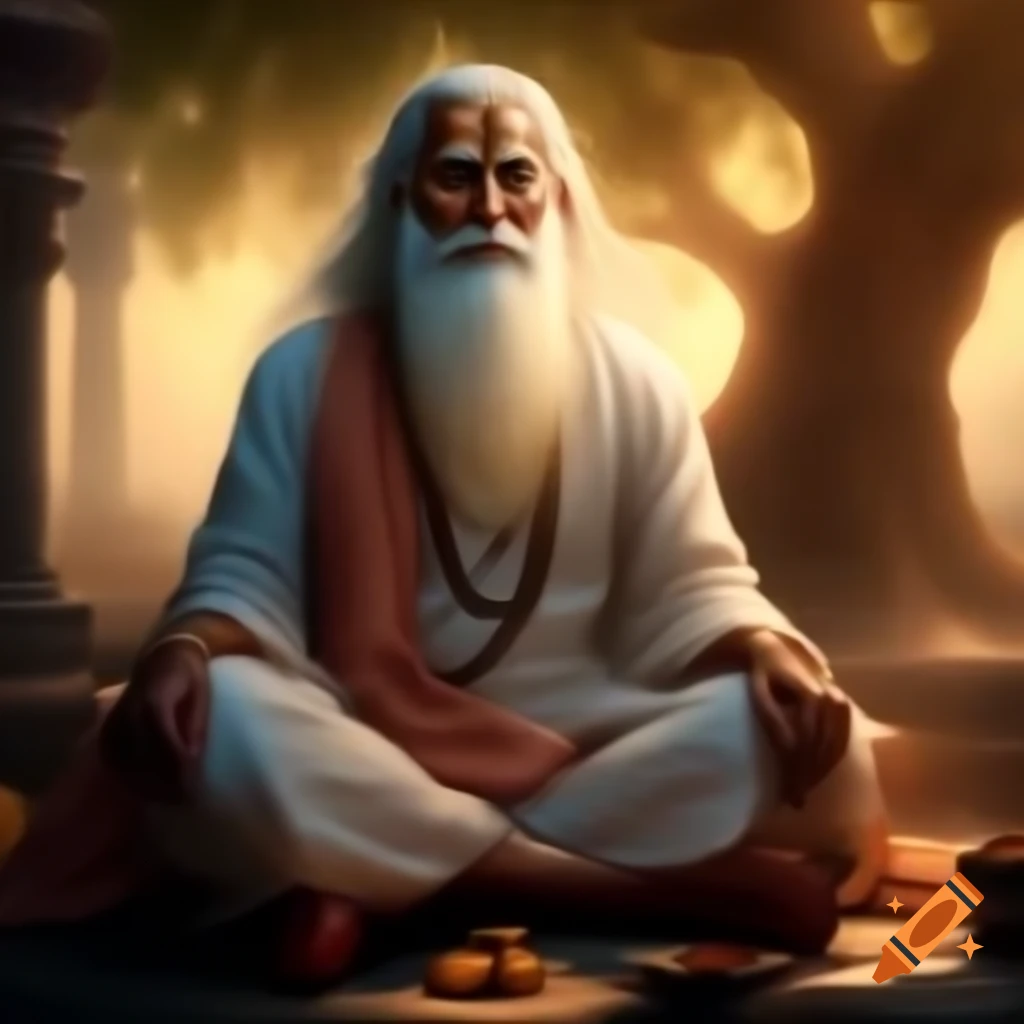 Indian sage with long white beard sitting under banyan tree on Craiyon