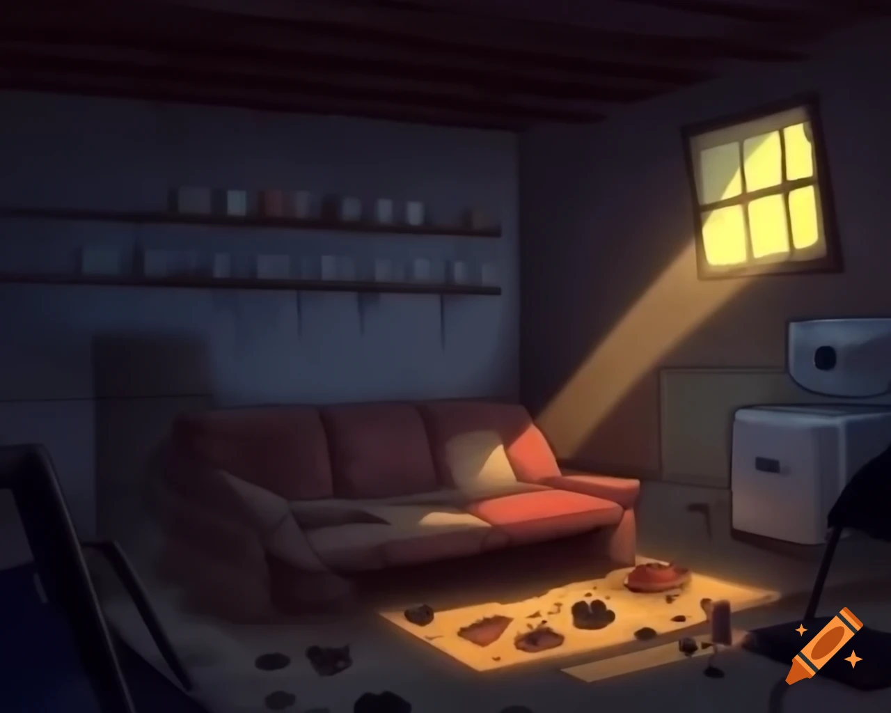 Cozy dimly lit basement with worn-out sofa and scattered cushions on ...