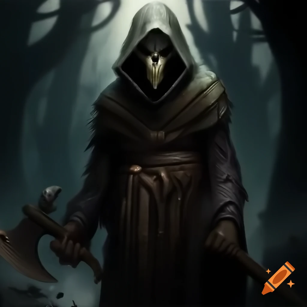 Mysterious figure in shadow wielding an axe in dark forest on Craiyon
