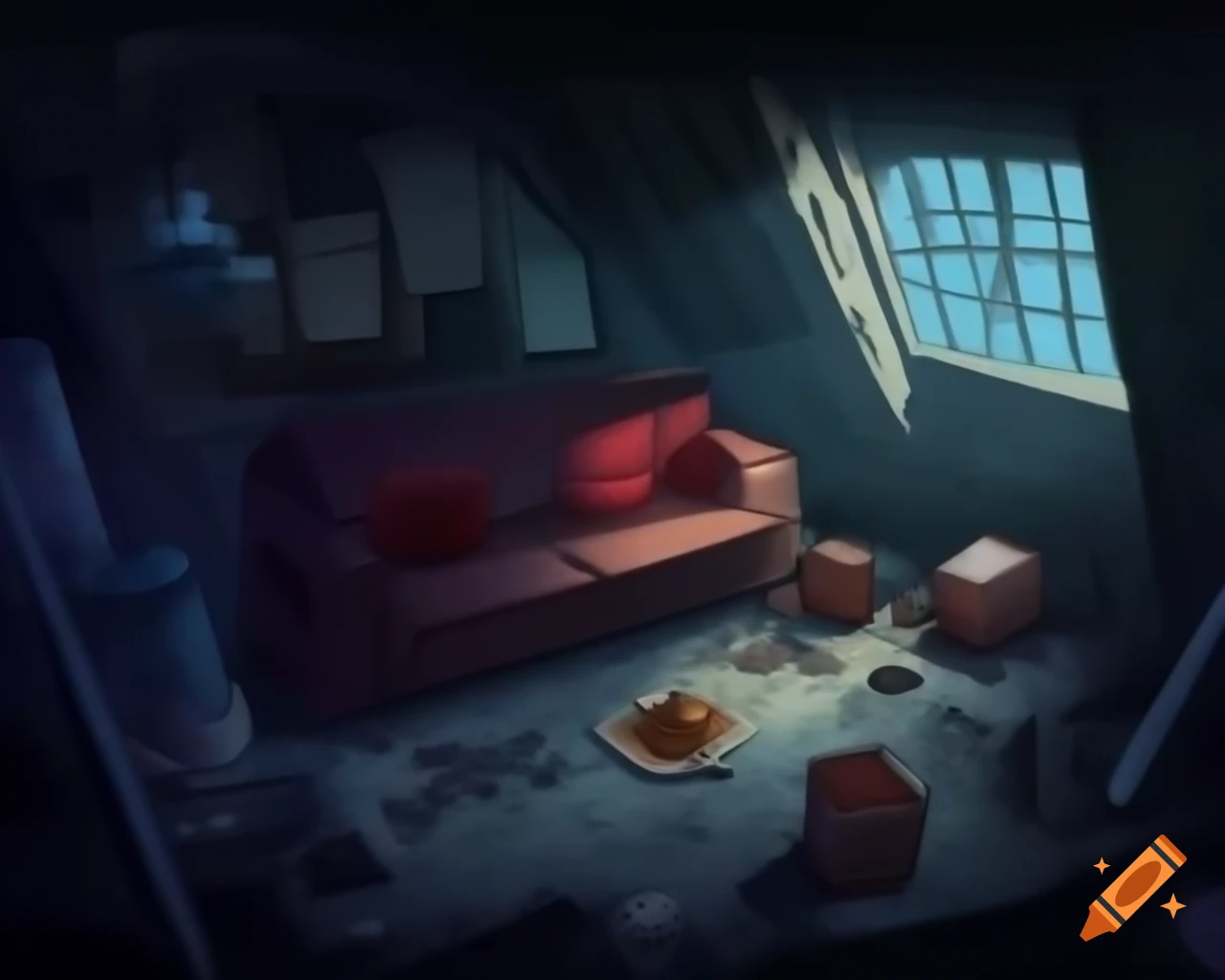 Cozy dimly lit basement with worn-out sofa and scattered cushions on ...