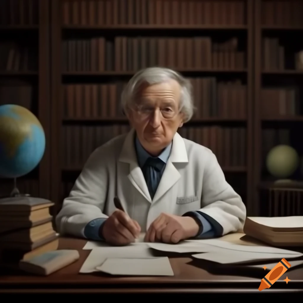 Researcher at desk with old books, photographs, and globe on Craiyon