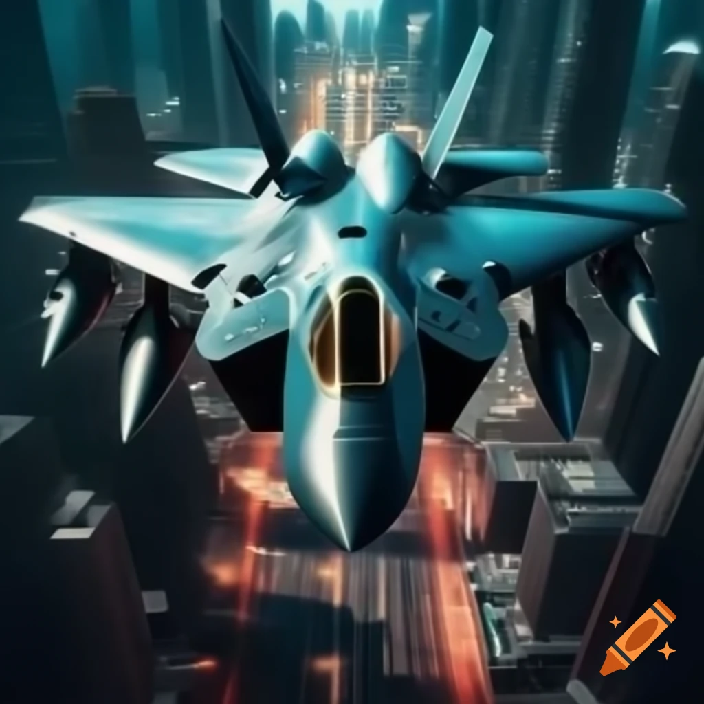 Futuristic stealth fighter jet flying over cyberpunk city on Craiyon