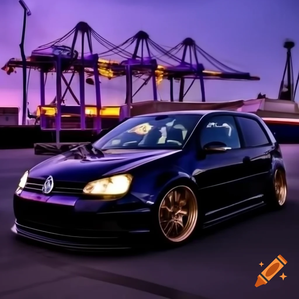 2008 VW Golf R32 black with bronze wheels in front of port and purple ...