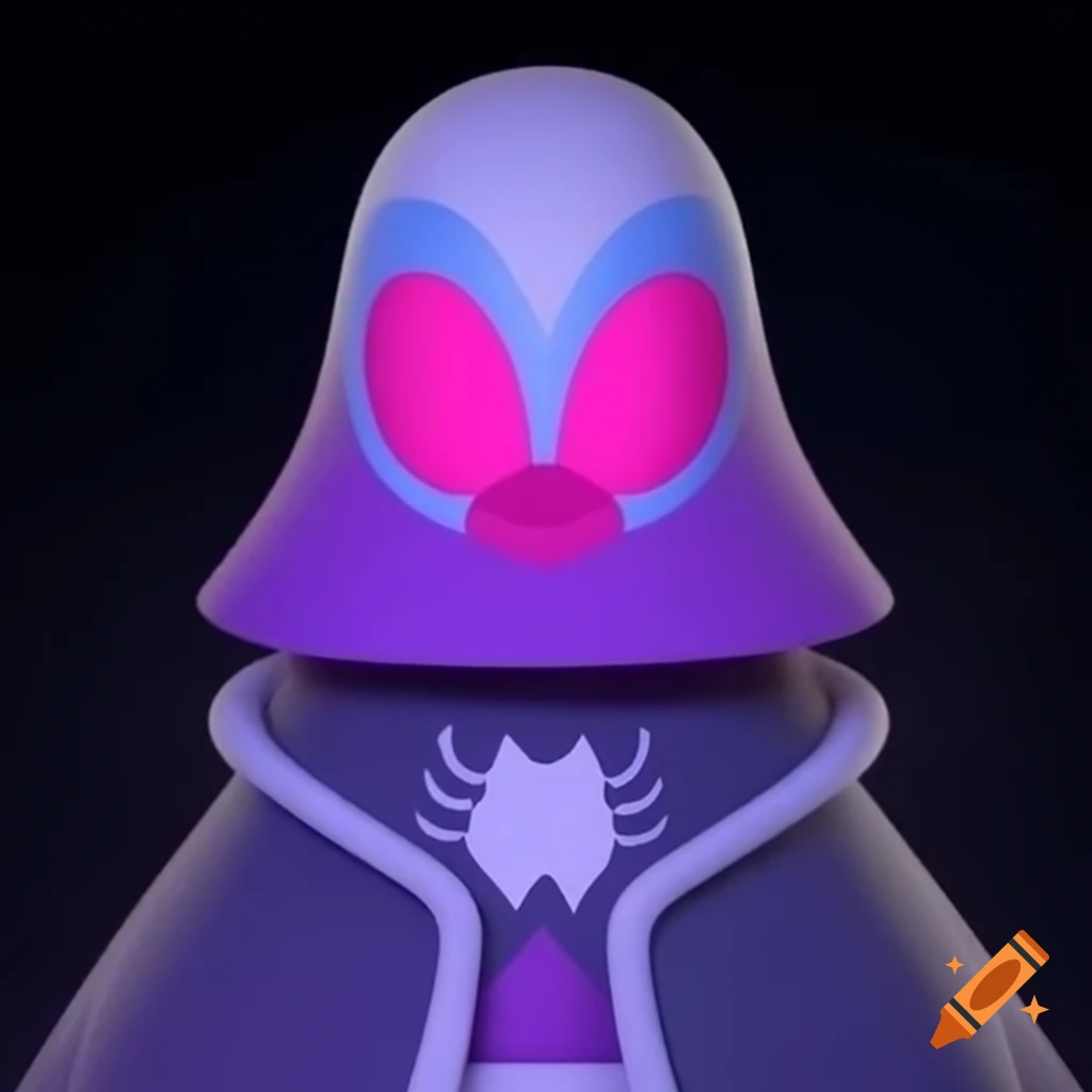 Spider guin character in purple and white costume with pink mask and ...