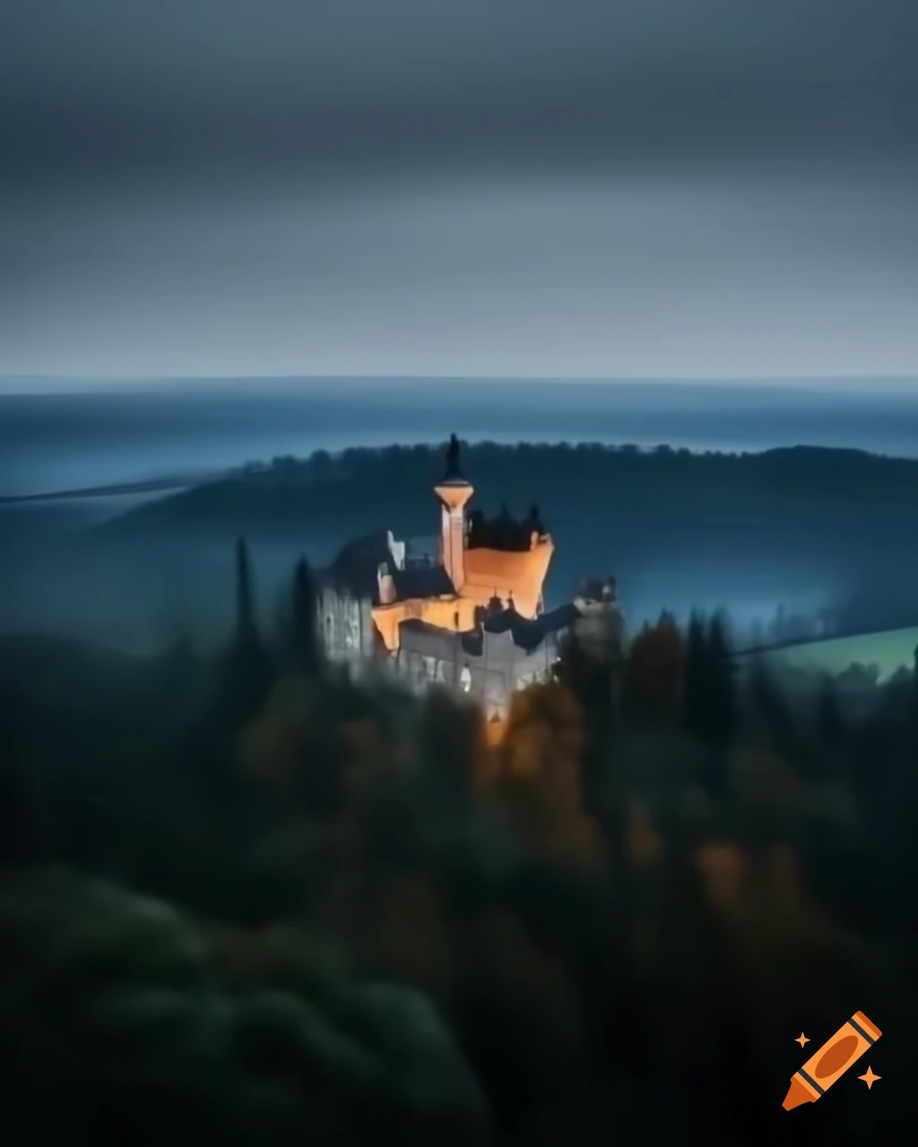 European castle with faint lights in dark, forested landscape during ...