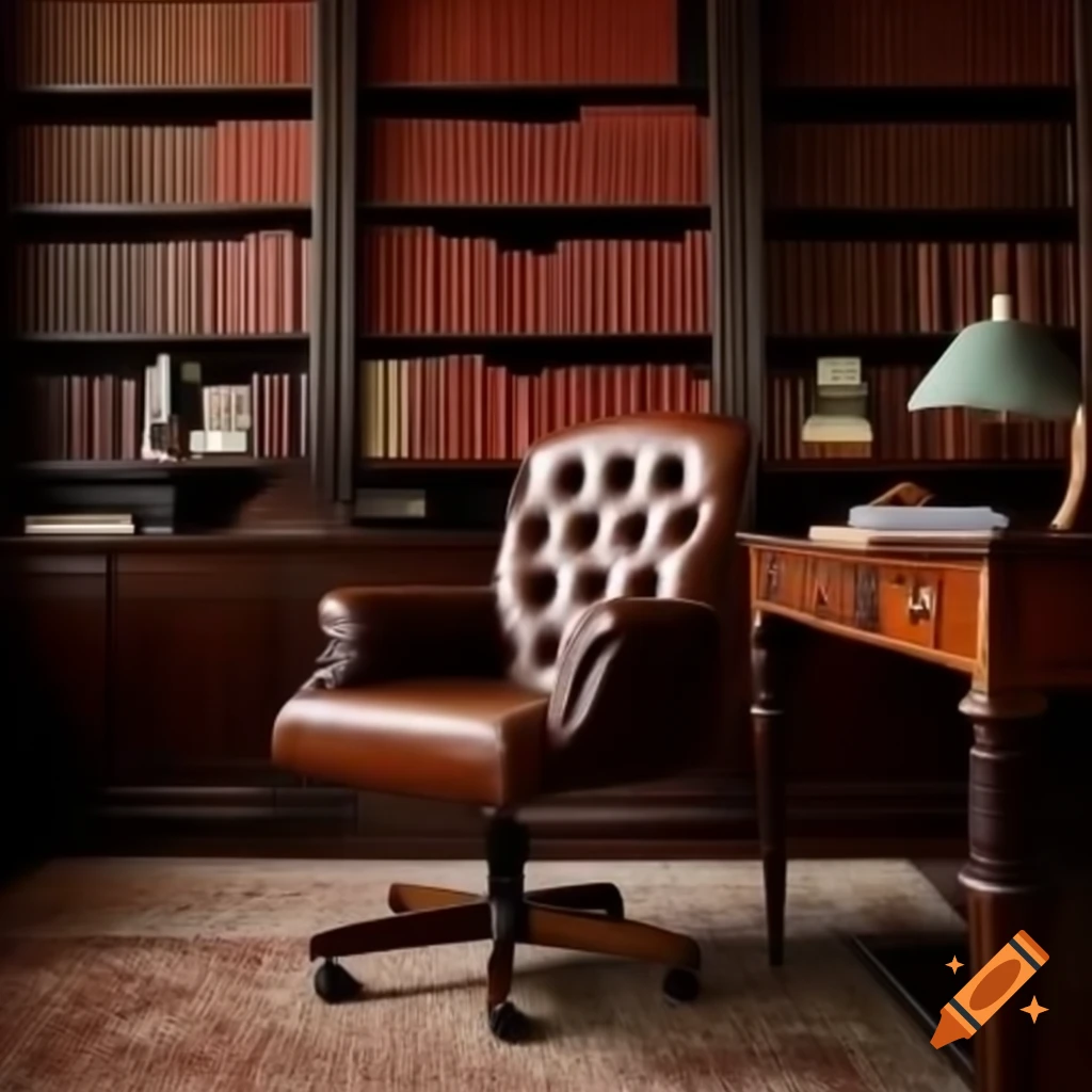 Stylish library office featuring leather chair and mahogany desk on Craiyon