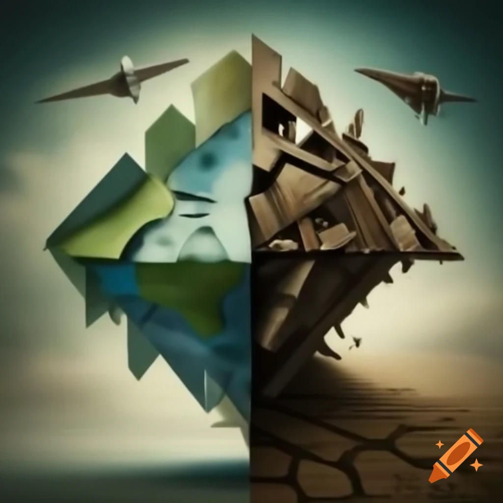 Cubist artwork representing ecological collapse and civilizational ...