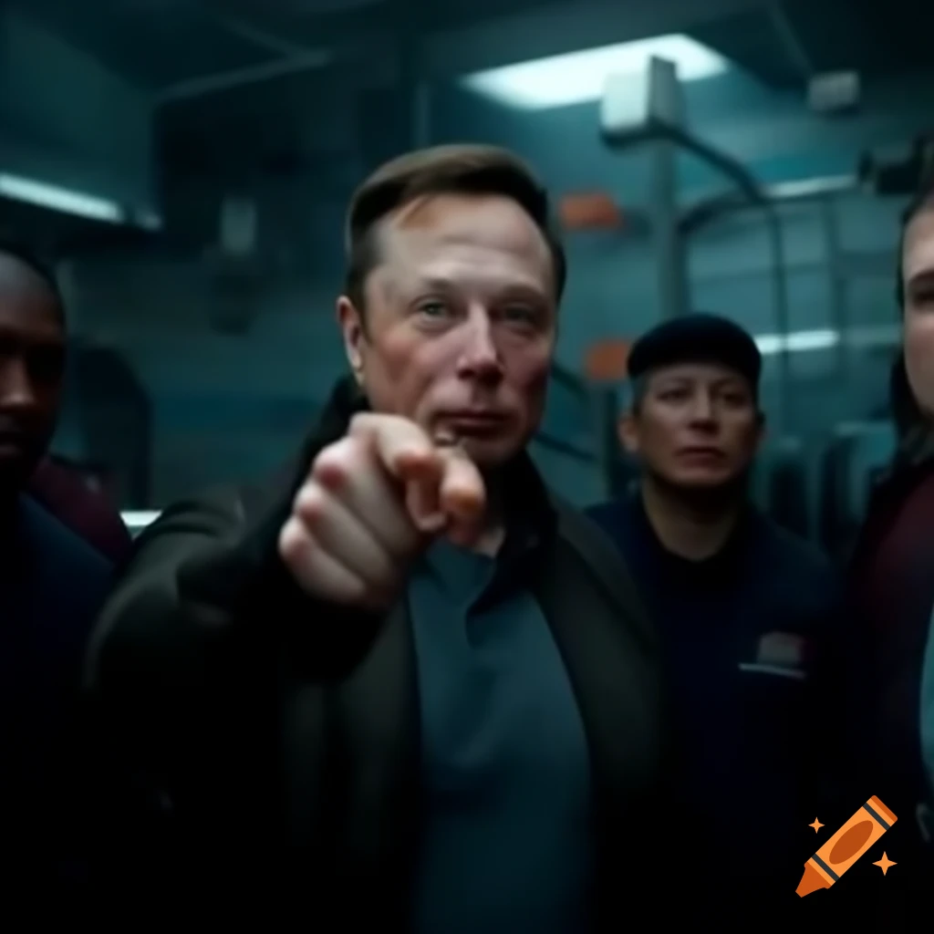 Elon Musk pointing at worker in dramatic scene on Craiyon