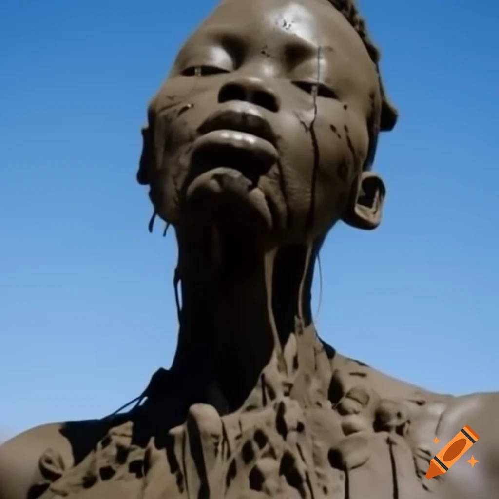 Humanoid clay sculpture with african features posing towards the sky on ...