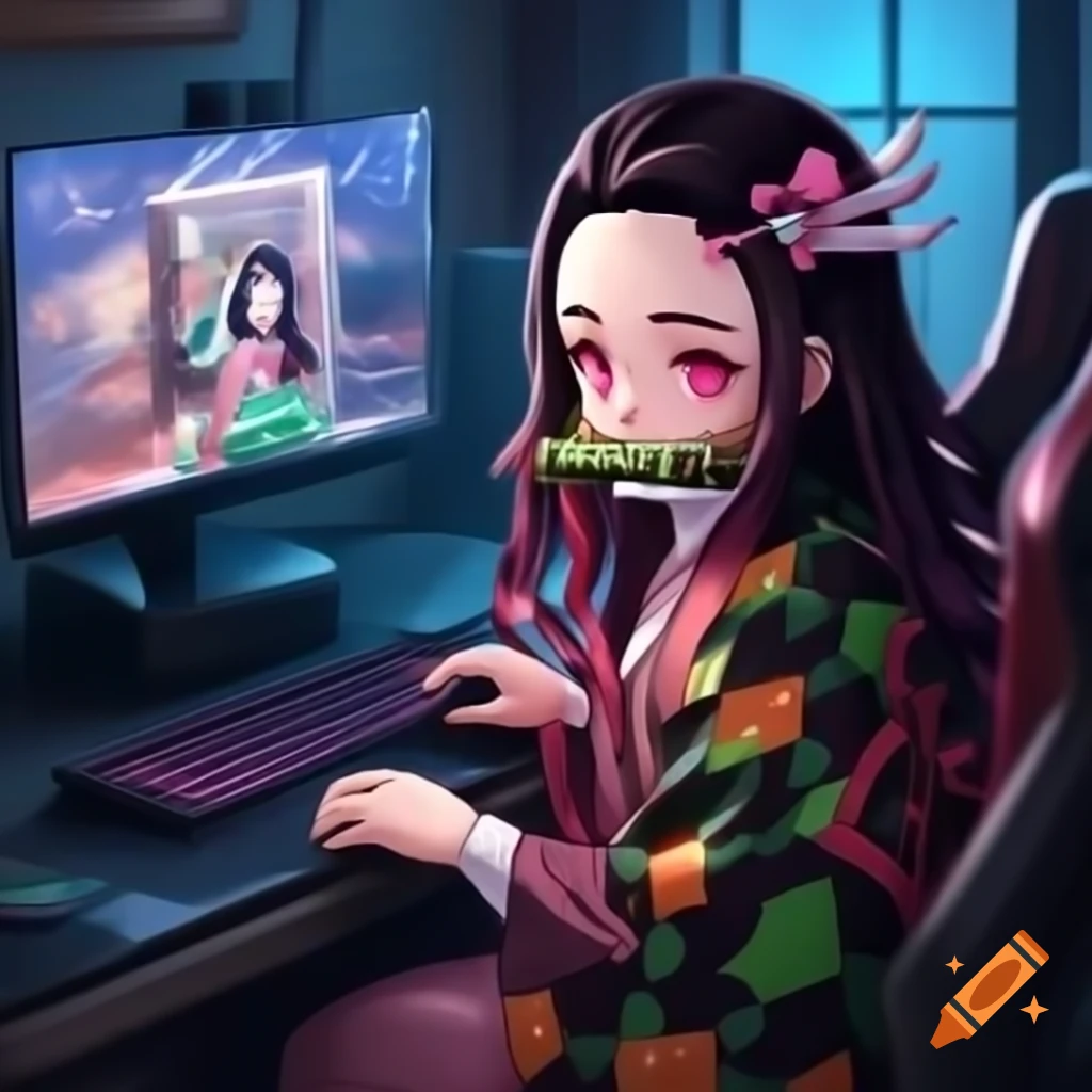 Nezuko from Demon Slayer enjoying video games in a colorful gaming room ...