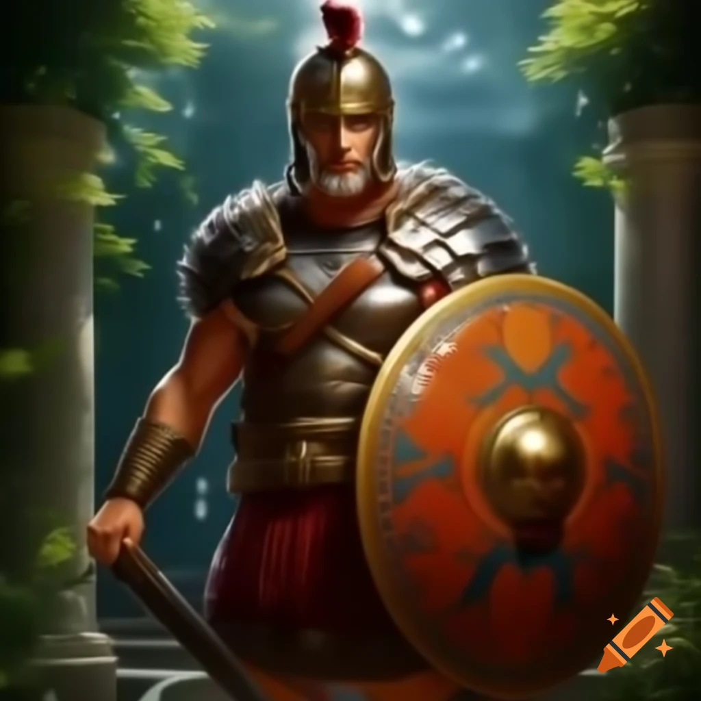Ancient Greek soldier with shield in beautiful garden on Craiyon