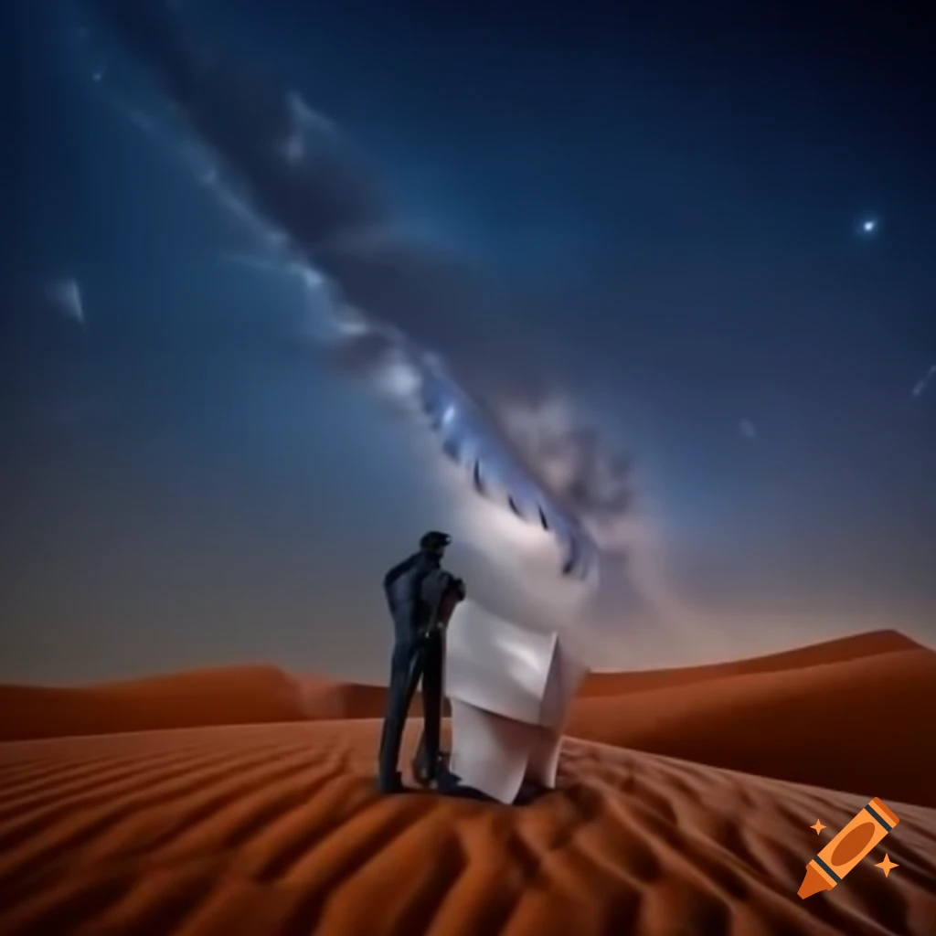 Man walking alone in endless desert under starry sky with moving clouds ...