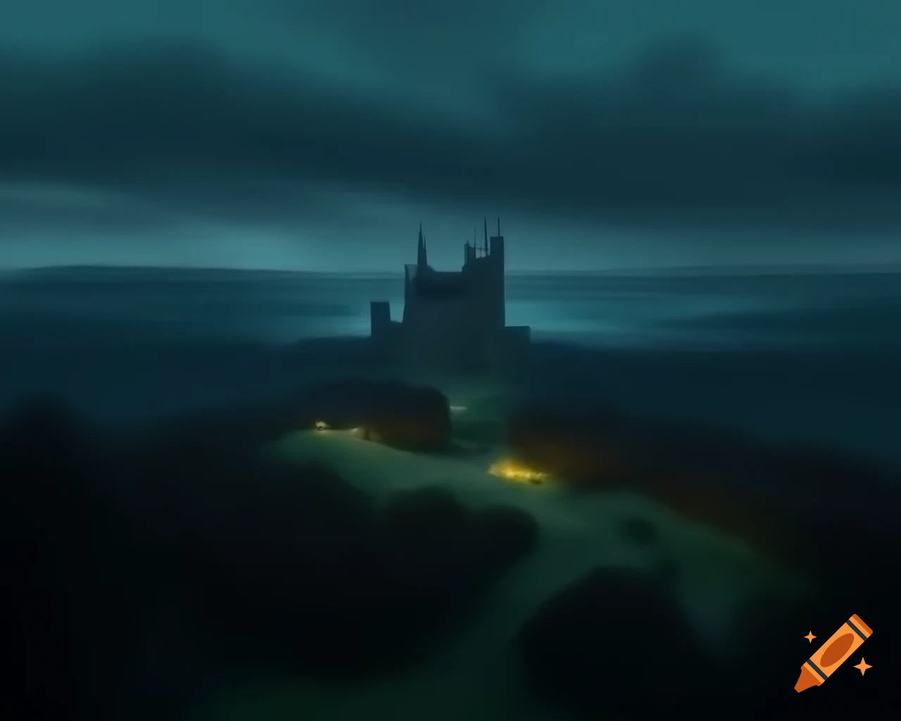 European castle with faint lights in dark landscape surrounded by vast ...