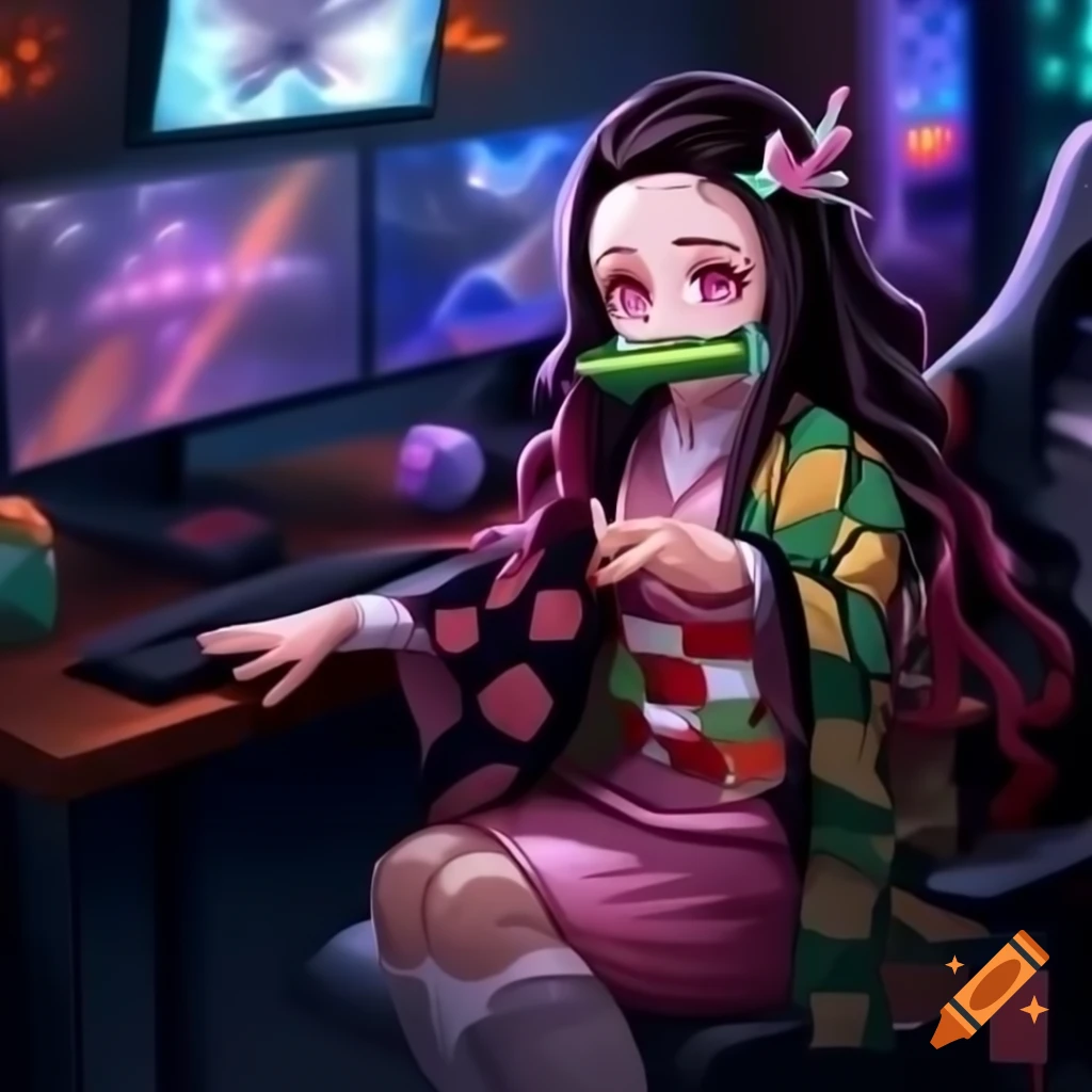 Nezuko from Demon Slayer enjoying video games in a colorful gaming room ...