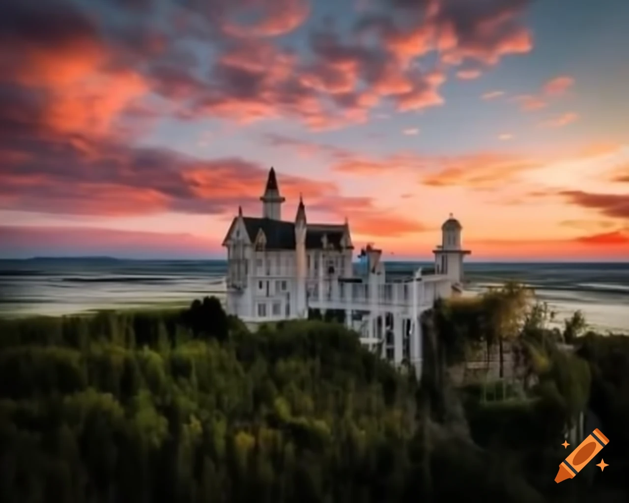 European castle silhouette at sunset with red sky and forest on Craiyon