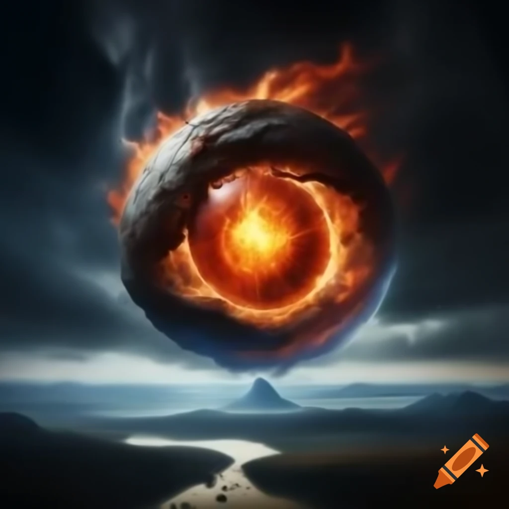 Fiery orb with swirling energy and malevolent eye in dark sky casting ...